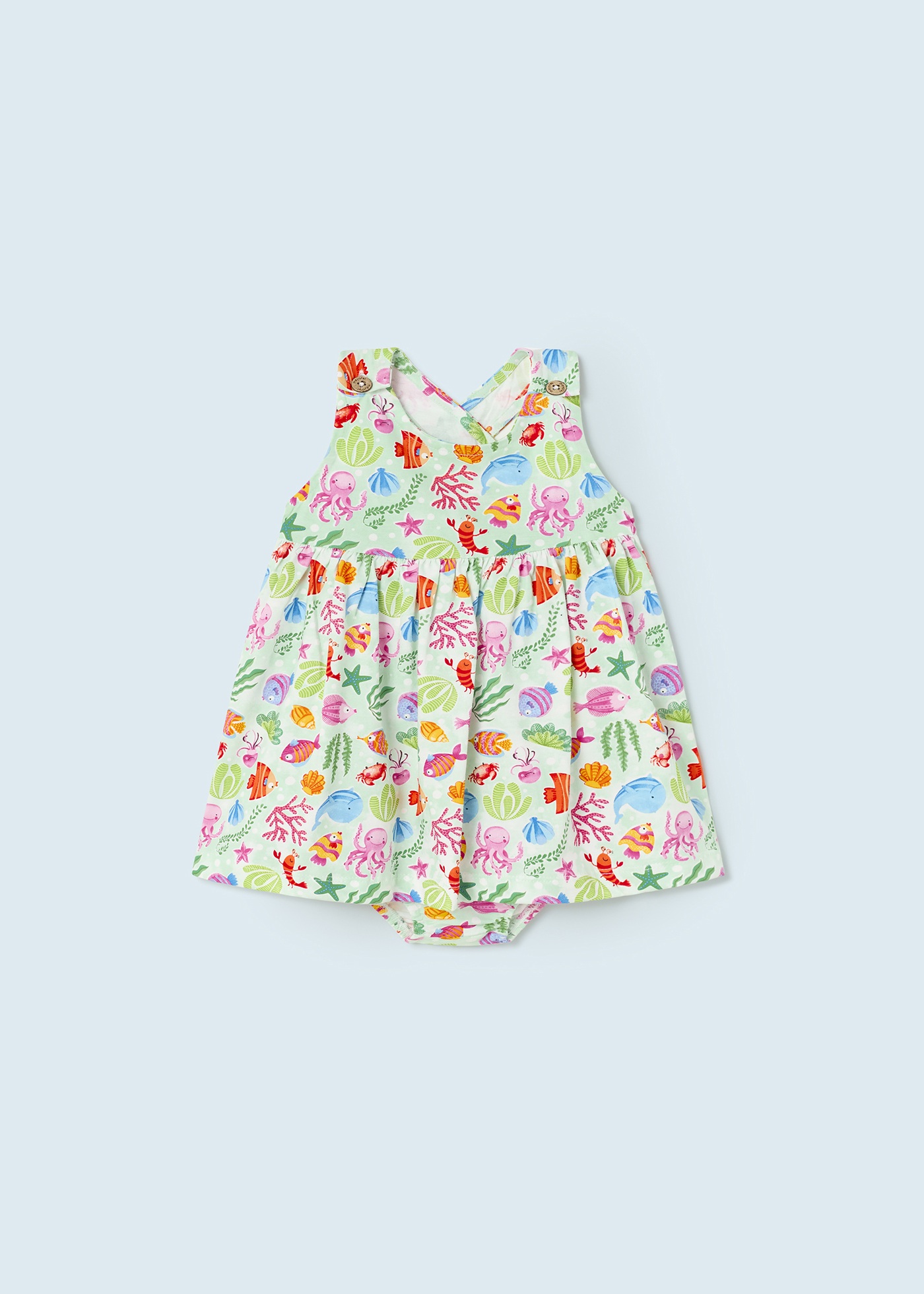 Sustainable cotton print dress with nappy cover baby | Mayoral