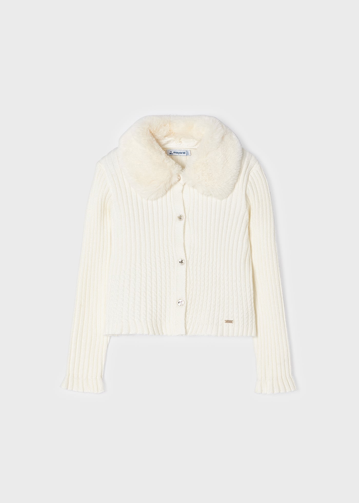 Rib cardigan detachable faux fur collar girl | Mayoral