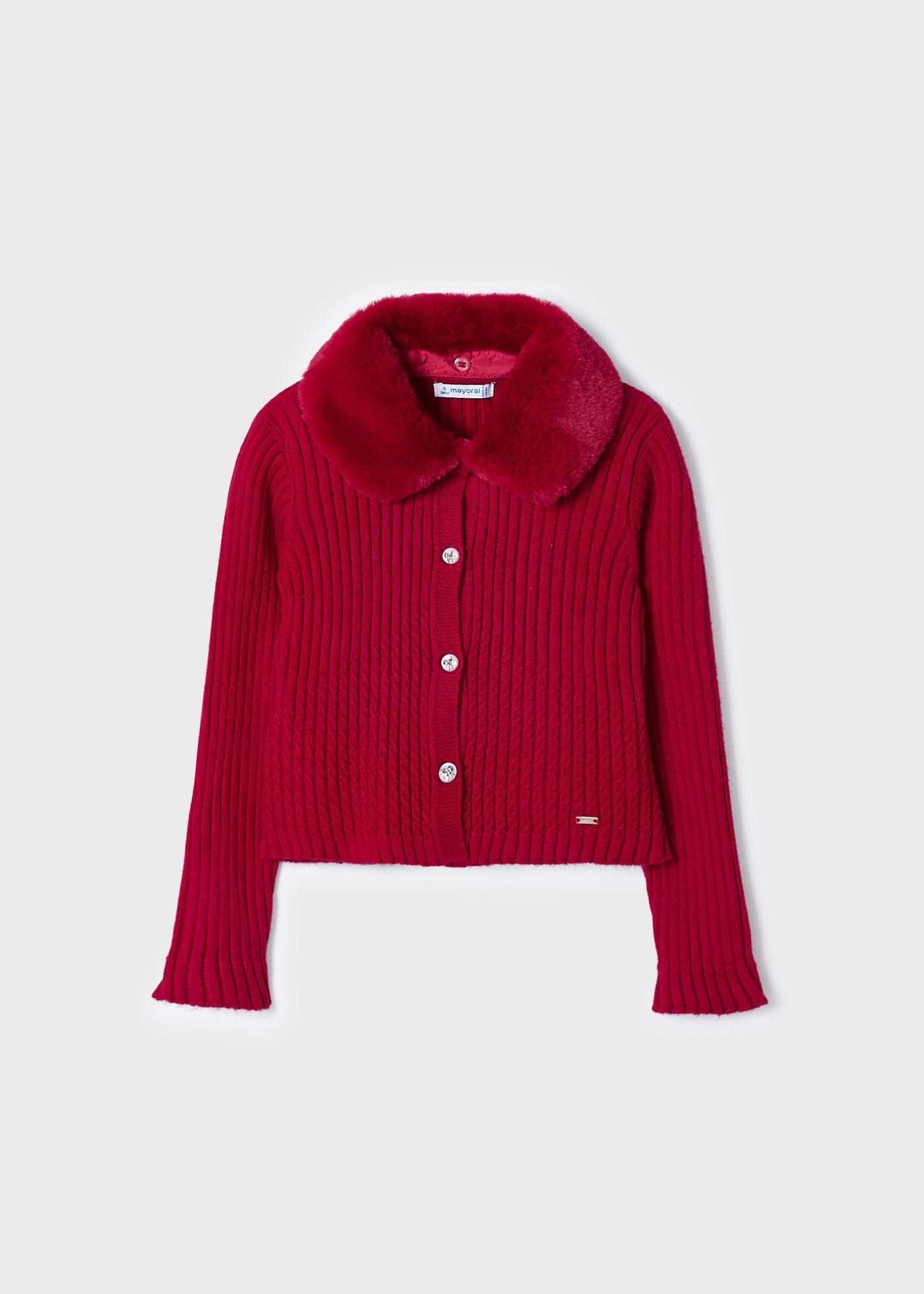 Rib cardigan detachable faux fur collar girl | Mayoral