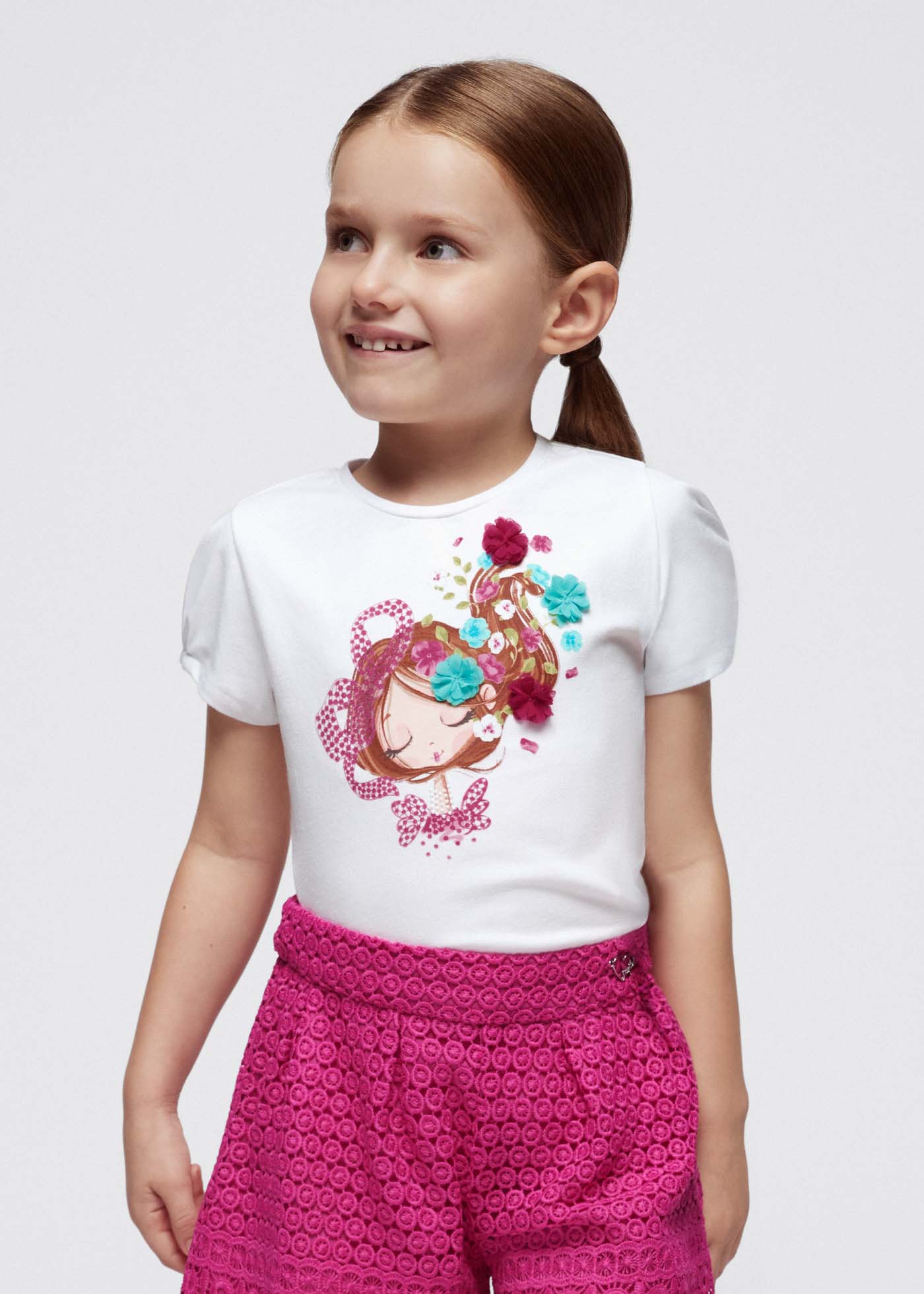 Girls printed t-shirt Better Cotton White-fuchsia | Mayoral