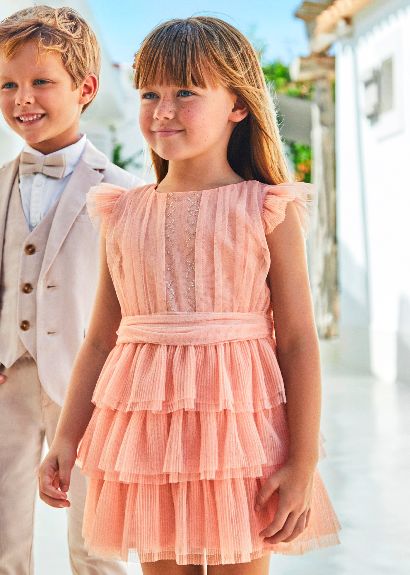 Vestido tul plisado niña Nude | Mayoral