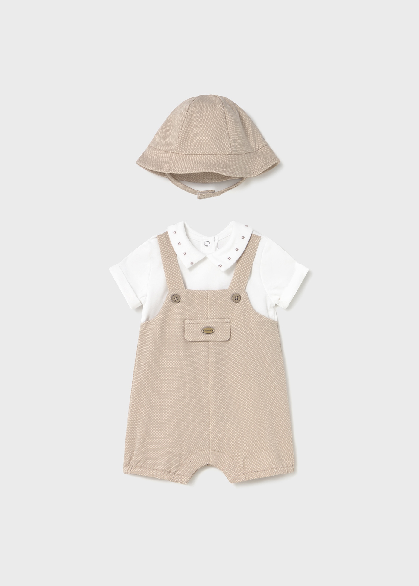 Newborn boy faux dungarees romper with bonnet Frappe | Mayoral